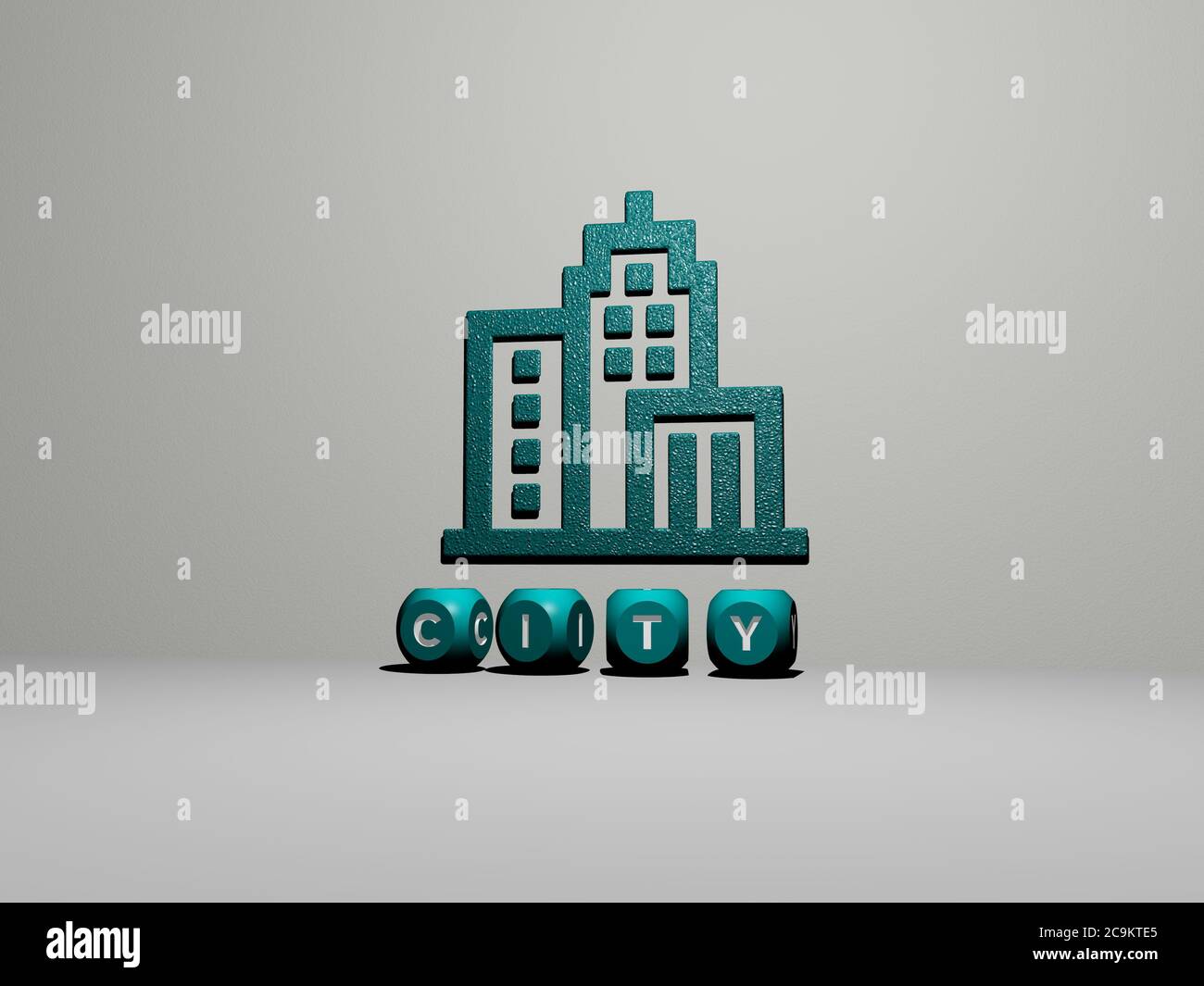 3D illustration of CITY graphics and text made by metallic dice letters ...
