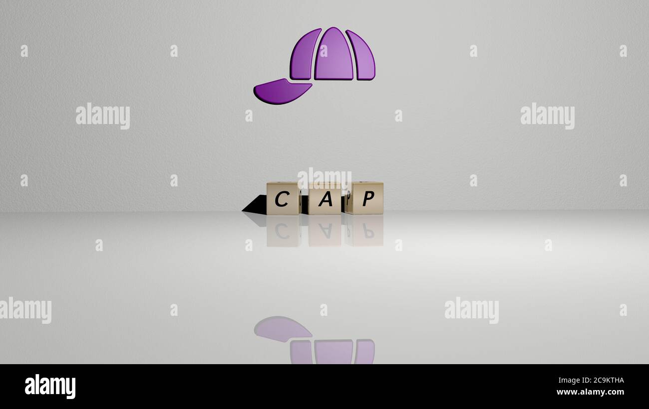 3D graphical image of cap vertically along with text built by metallic ...