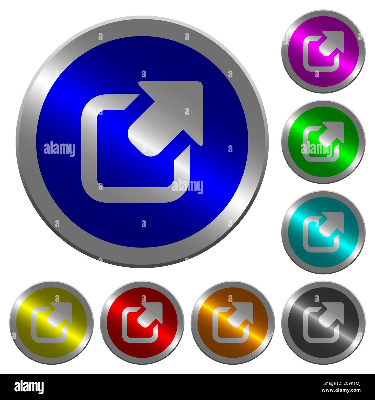 Export symbol with upper right arrow icons on round luminous coin-like ...