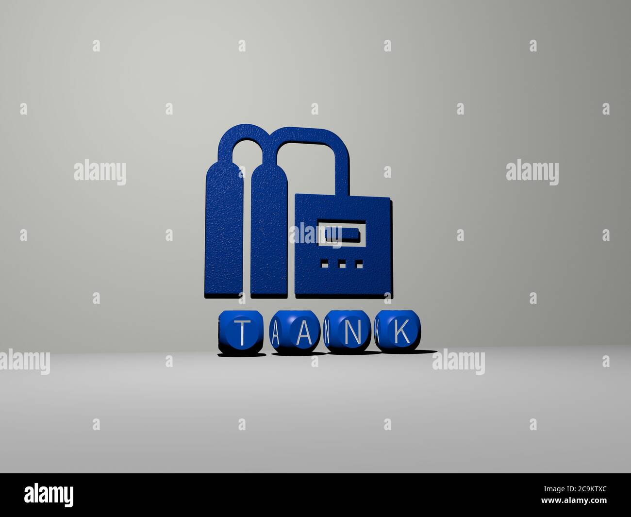 3D graphical image of TANK vertically along with text built by metallic ...