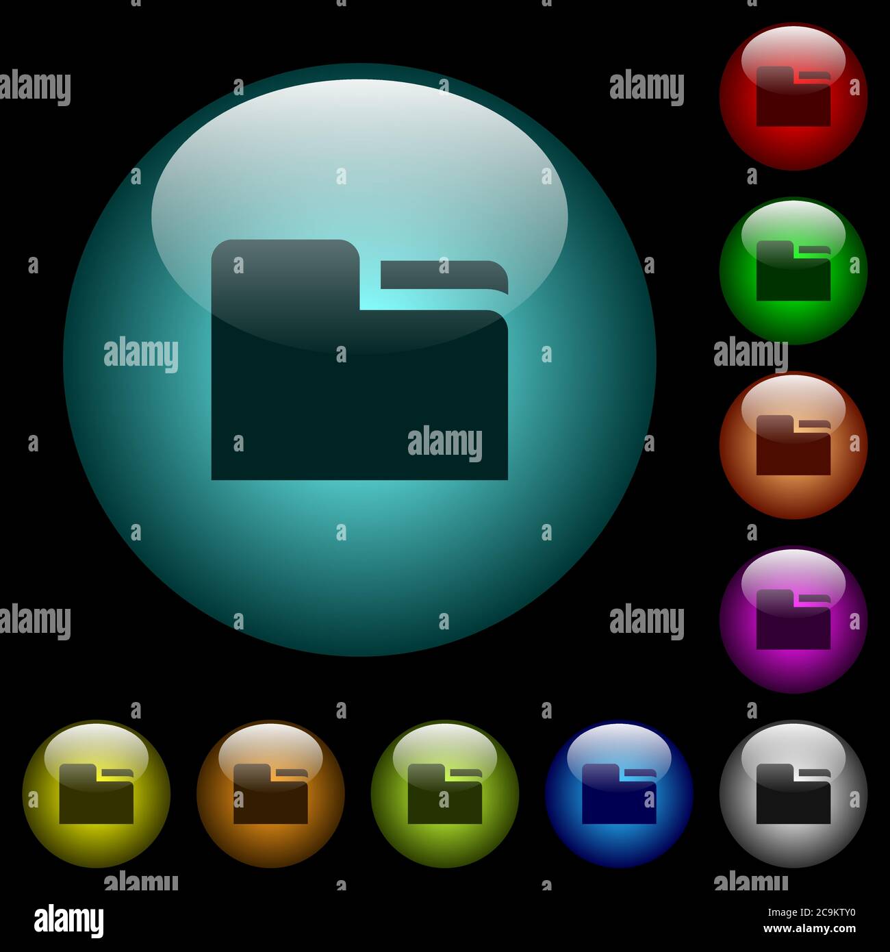 Tab folder icons in color illuminated spherical glass buttons on black ...