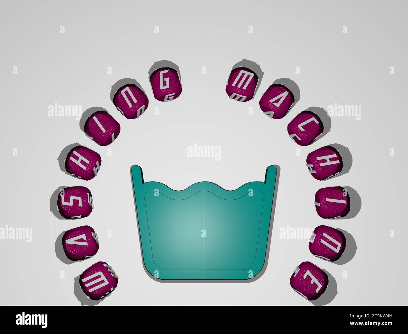 3D representation of WASHING MACHINE with icon on the wall and text ...