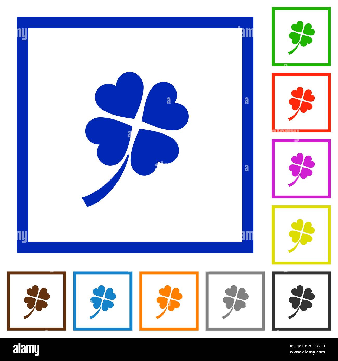 Four leaf clover flat color icons in square frames on white background ...