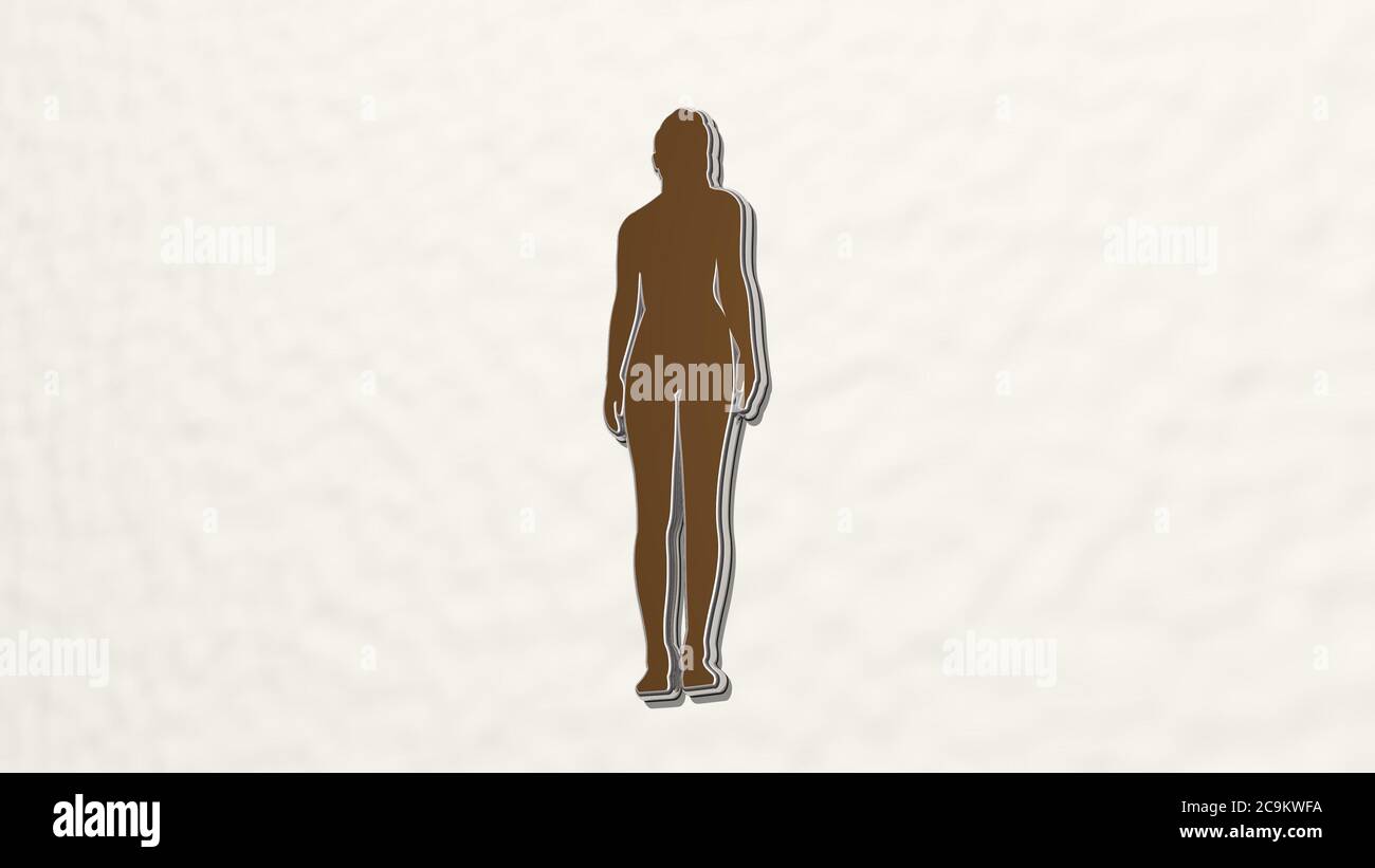 woman body on the wall. 3D illustration of metallic sculpture over a ...