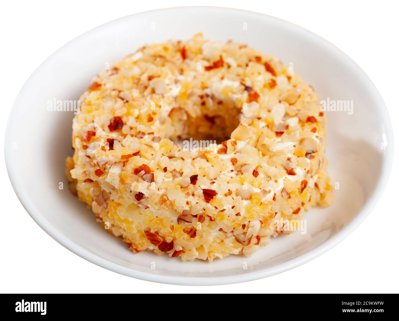 Delicious soft cheese with candied pineapple on white plate, sweet food ...