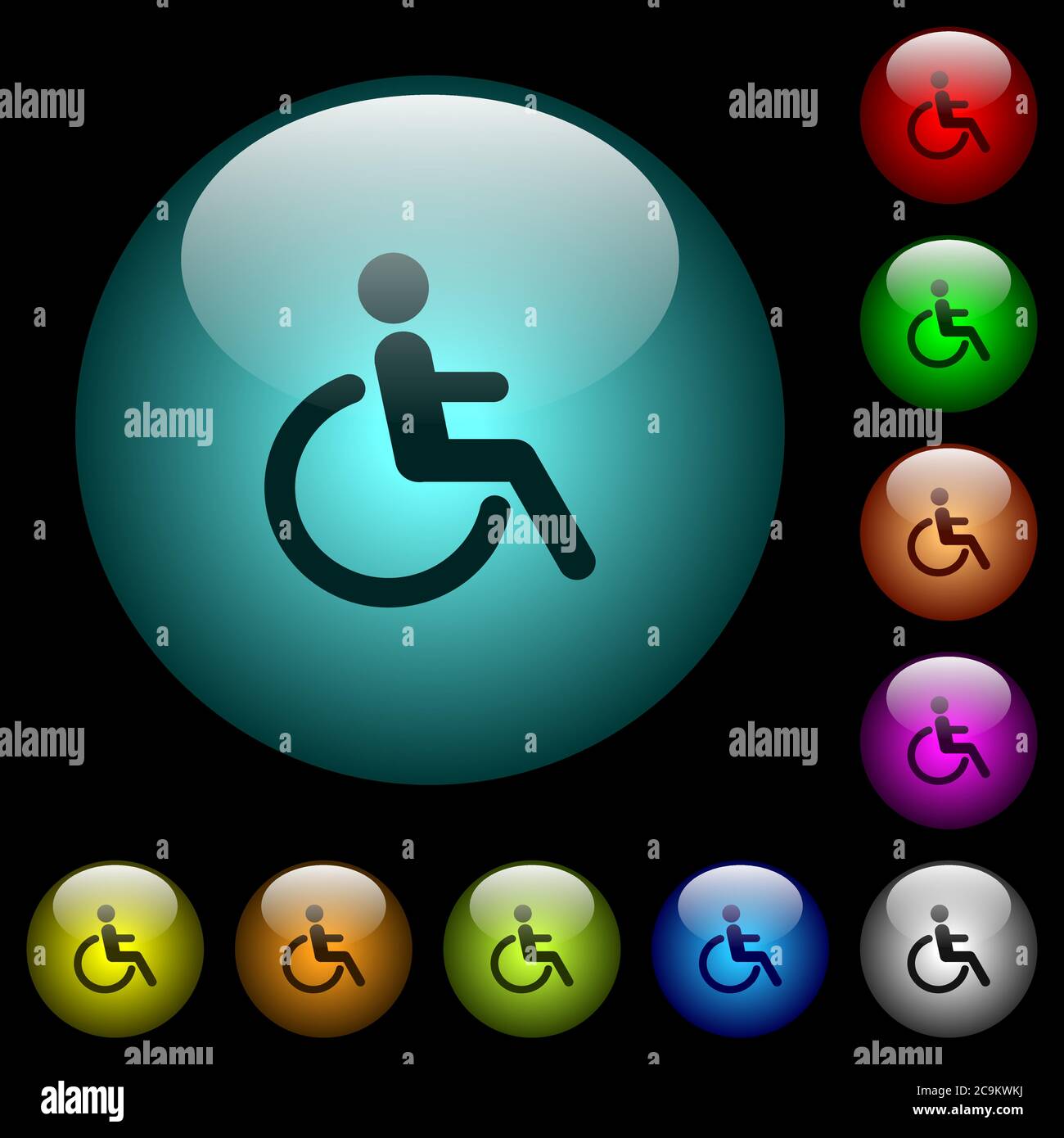 Disability icons in color illuminated spherical glass buttons on black ...