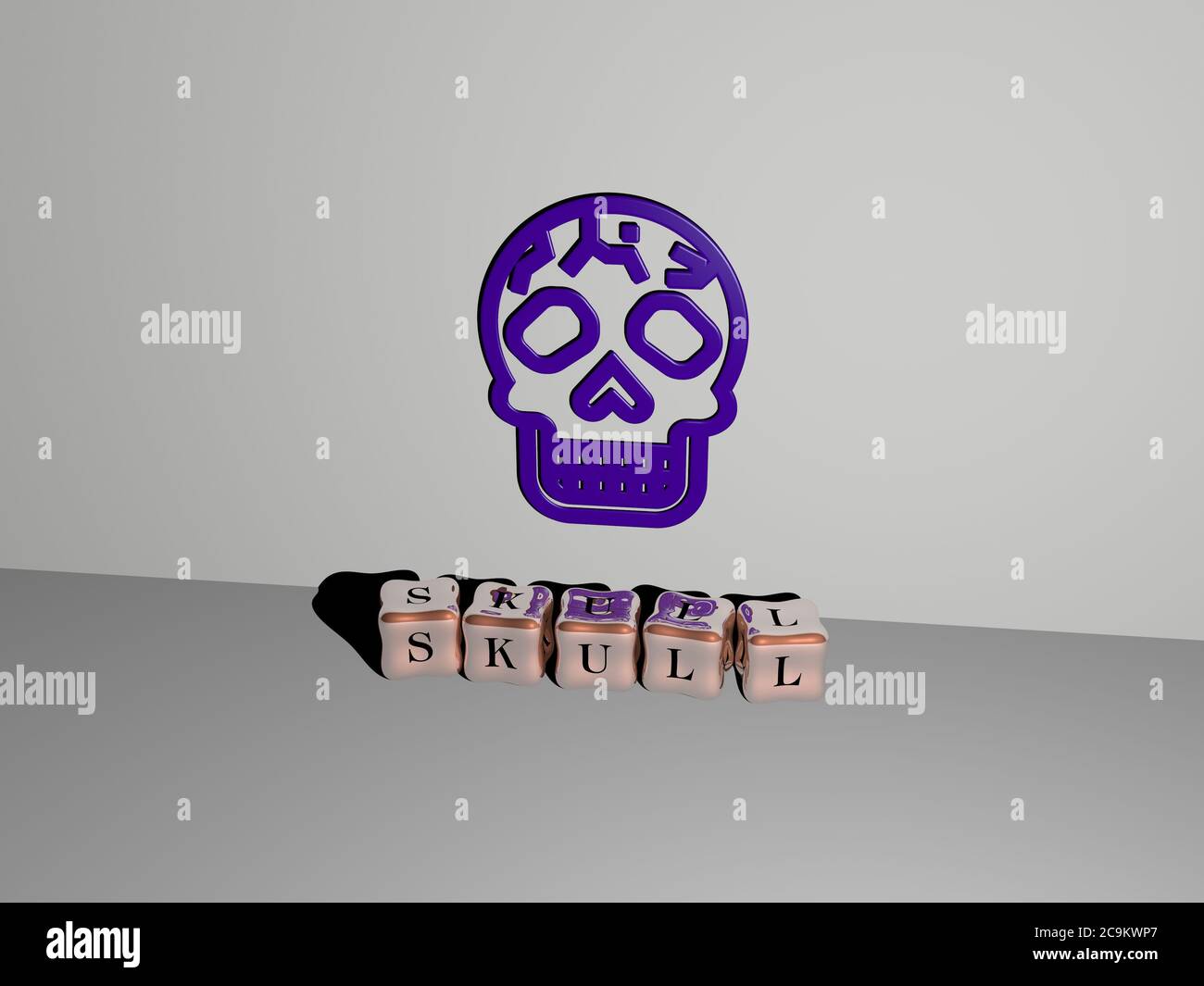 3D illustration of skull graphics and text made by metallic dice ...