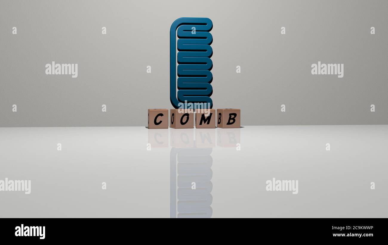 3D illustration of COMB graphics and text made by metallic dice letters ...