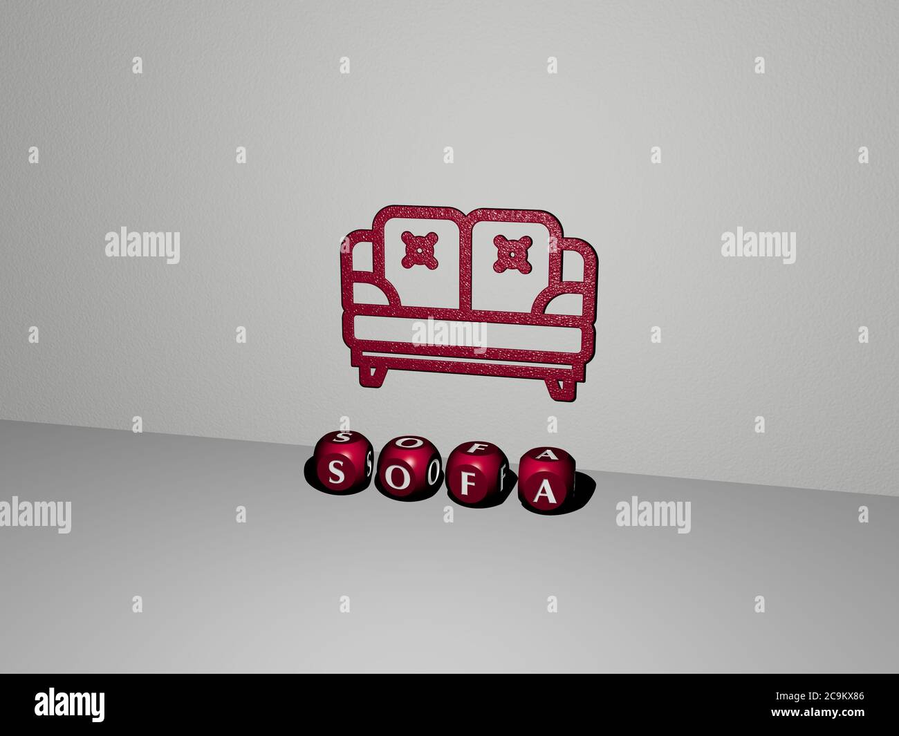 3D representation of sofa with icon on the wall and text arranged by ...