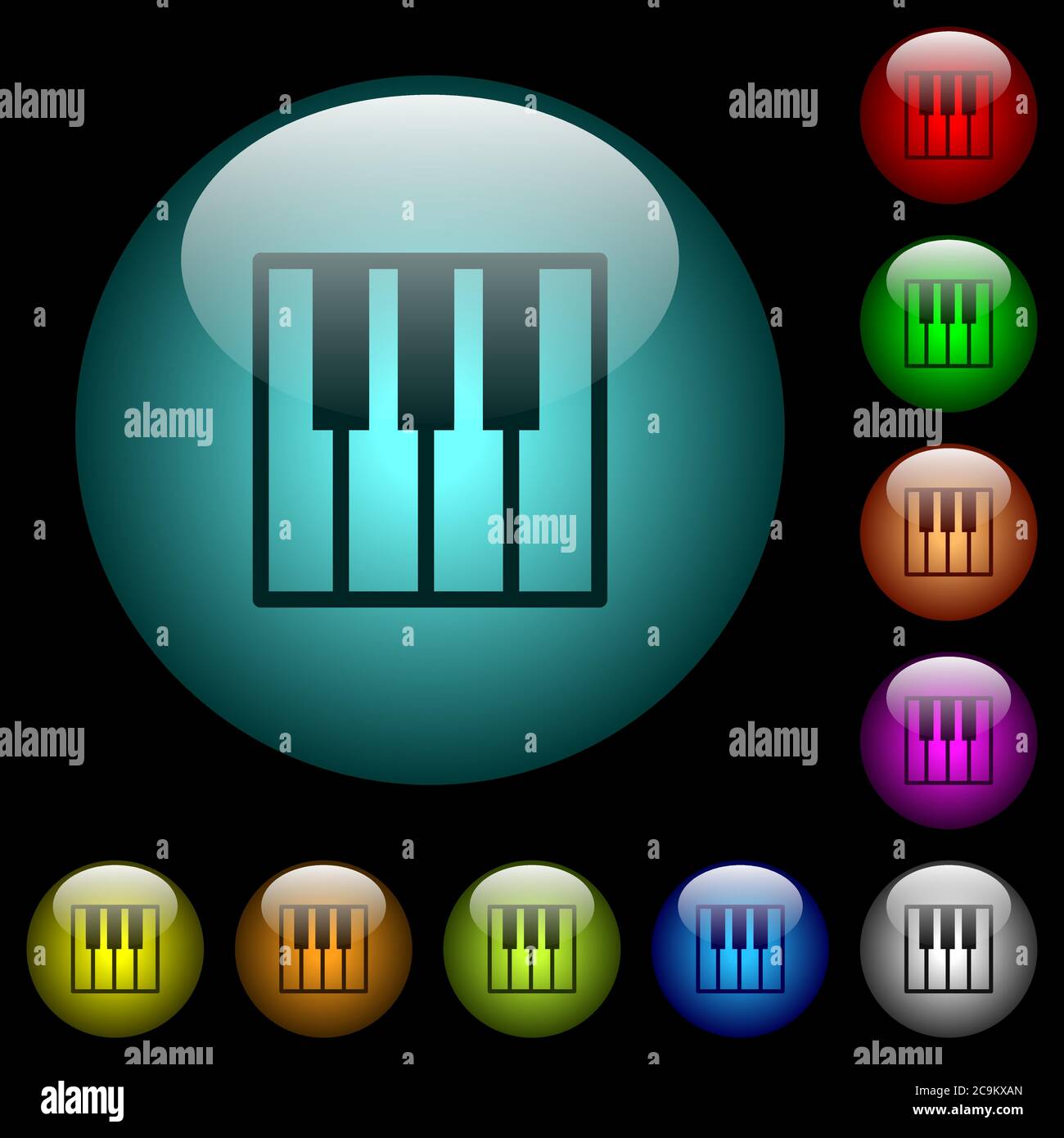 Piano keyboard icons in color illuminated spherical glass buttons on ...