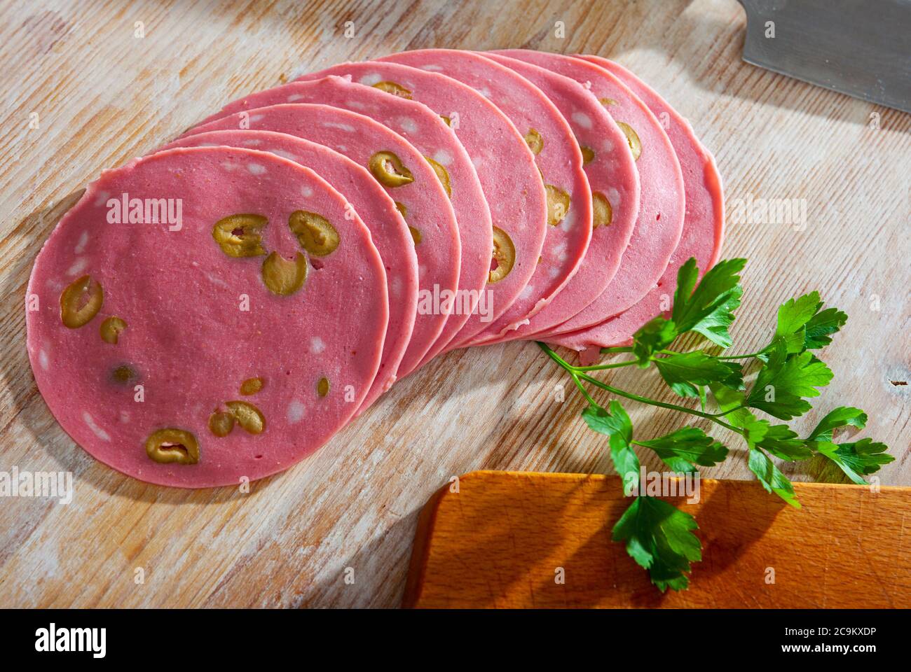 Sliced Mortadela with olives, popular catalan variant of italian ...