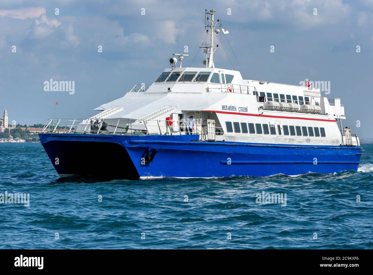 A harbour patrol boat approaches the dock at Findikli in Istanbul in ...