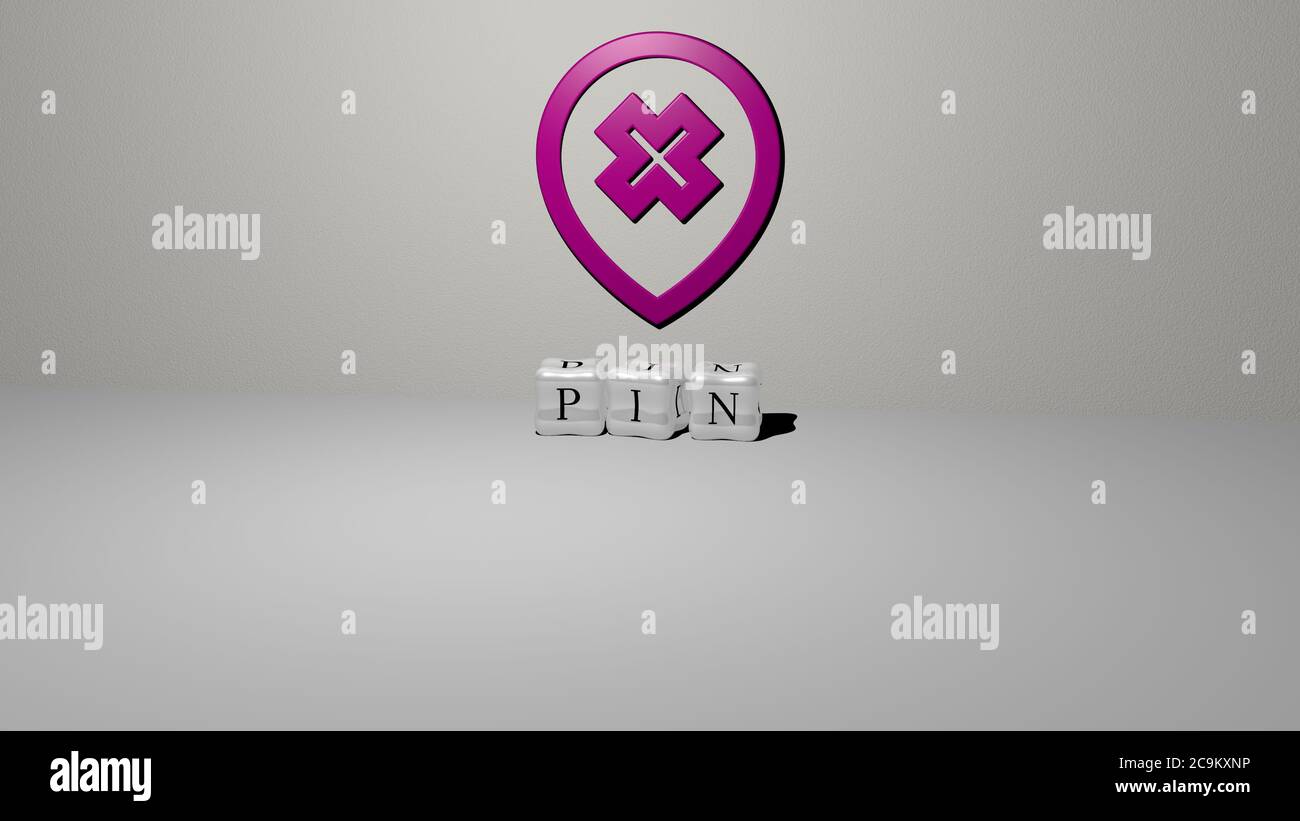 3D illustration of PIN graphics and text made by metallic dice letters ...