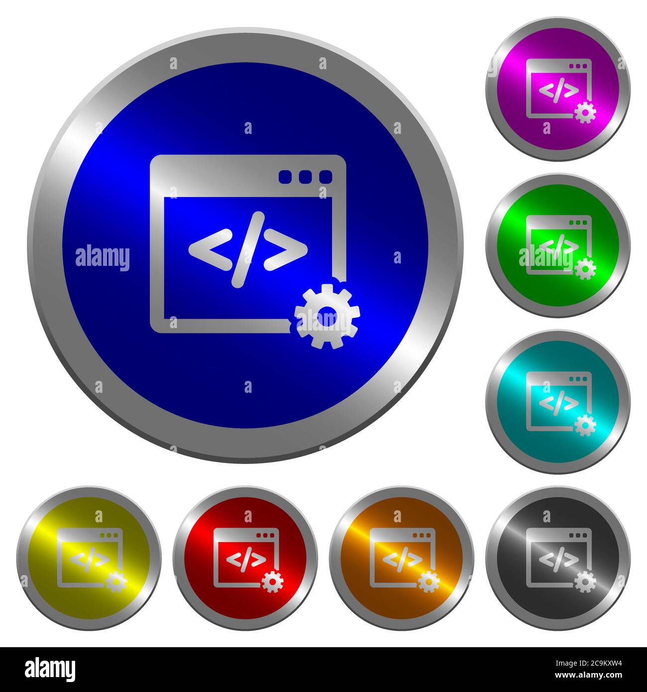 Web development icons on round luminous coin-like color steel buttons ...