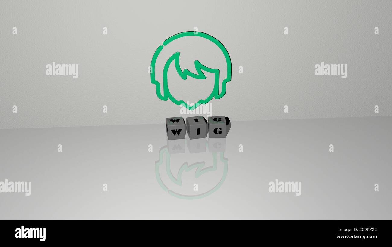 3D illustration of WIG graphics and text made by metallic dice letters ...