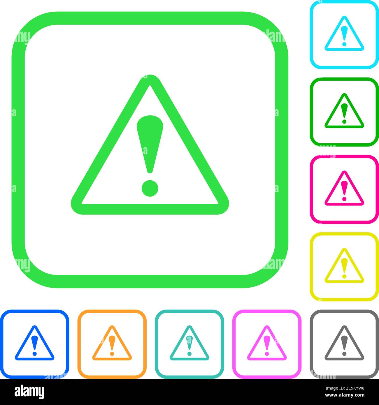 Triangle shaped warning sign vivid colored flat icons in curved borders ...