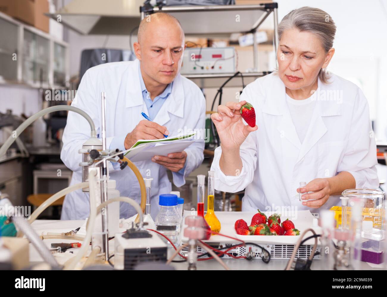 Two professional genetic scientists working in laboratory, taking notes ...