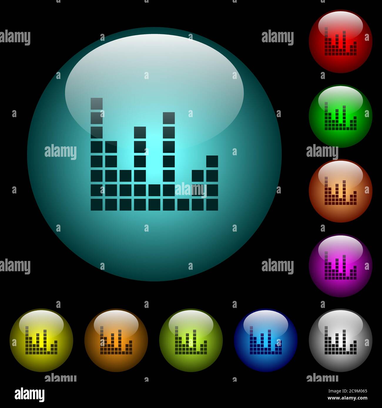 Sound bars icons in color illuminated spherical glass buttons on black ...