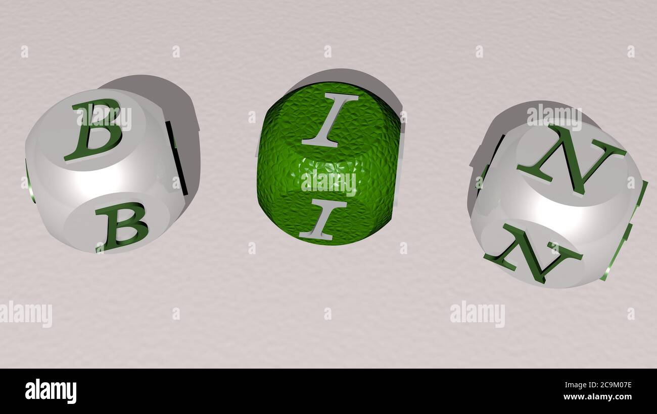 crosswords of BIN arranged by cubic letters on a mirror floor, concept ...