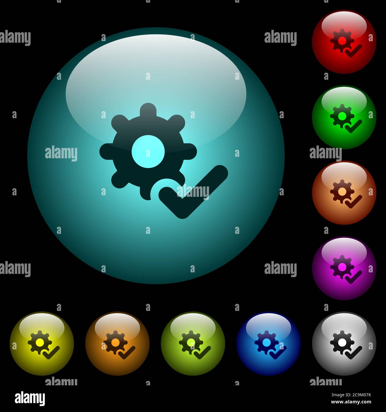 Settings ok icons in color illuminated spherical glass buttons on black ...