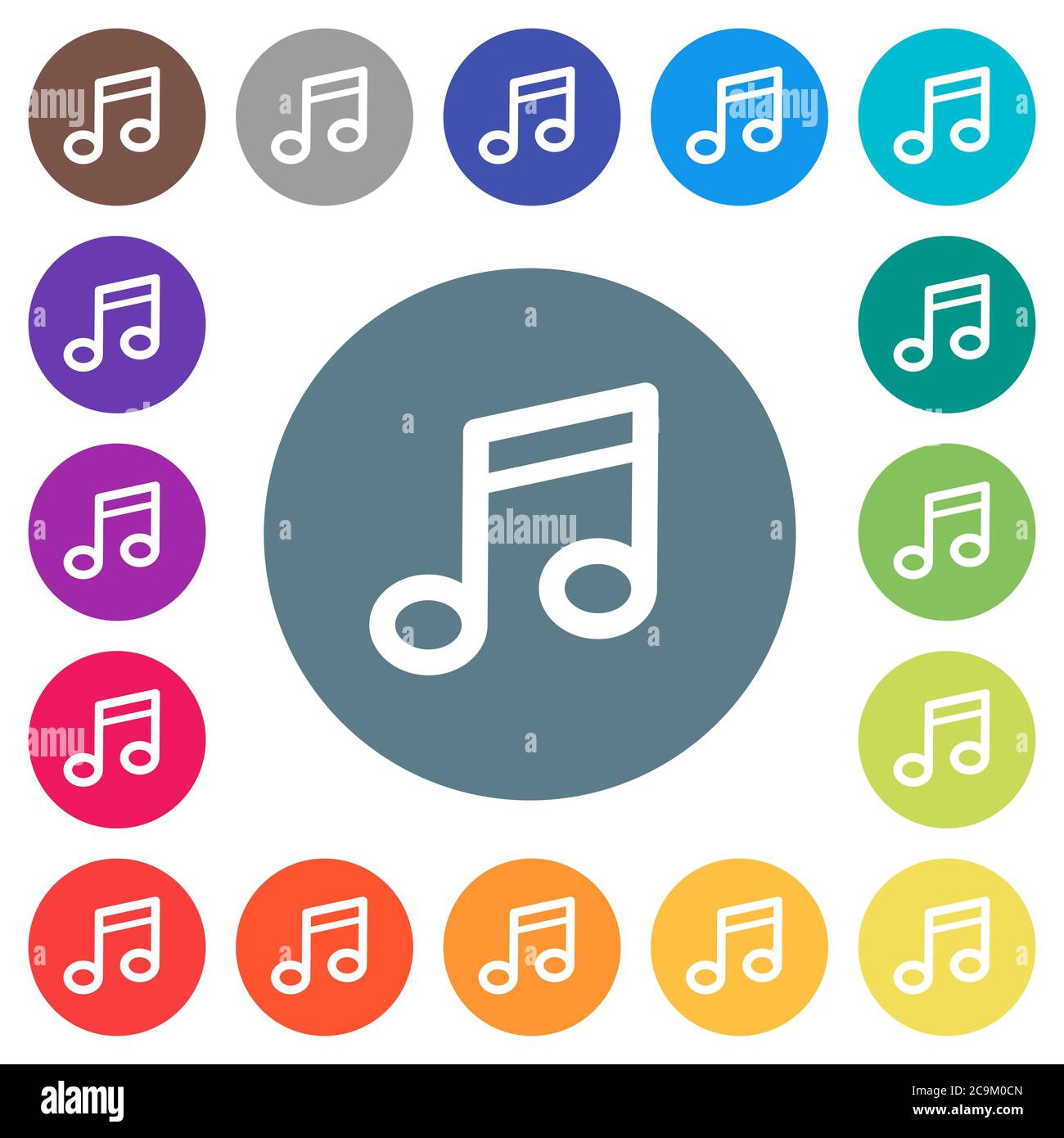 Music note flat white icons on round color backgrounds. 17 background ...