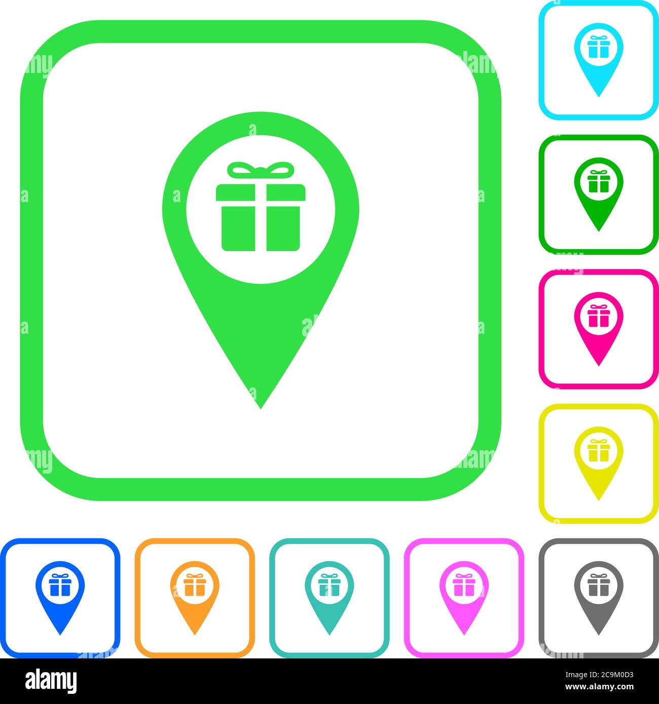 Gift shop GPS map location vivid colored flat icons in curved borders ...
