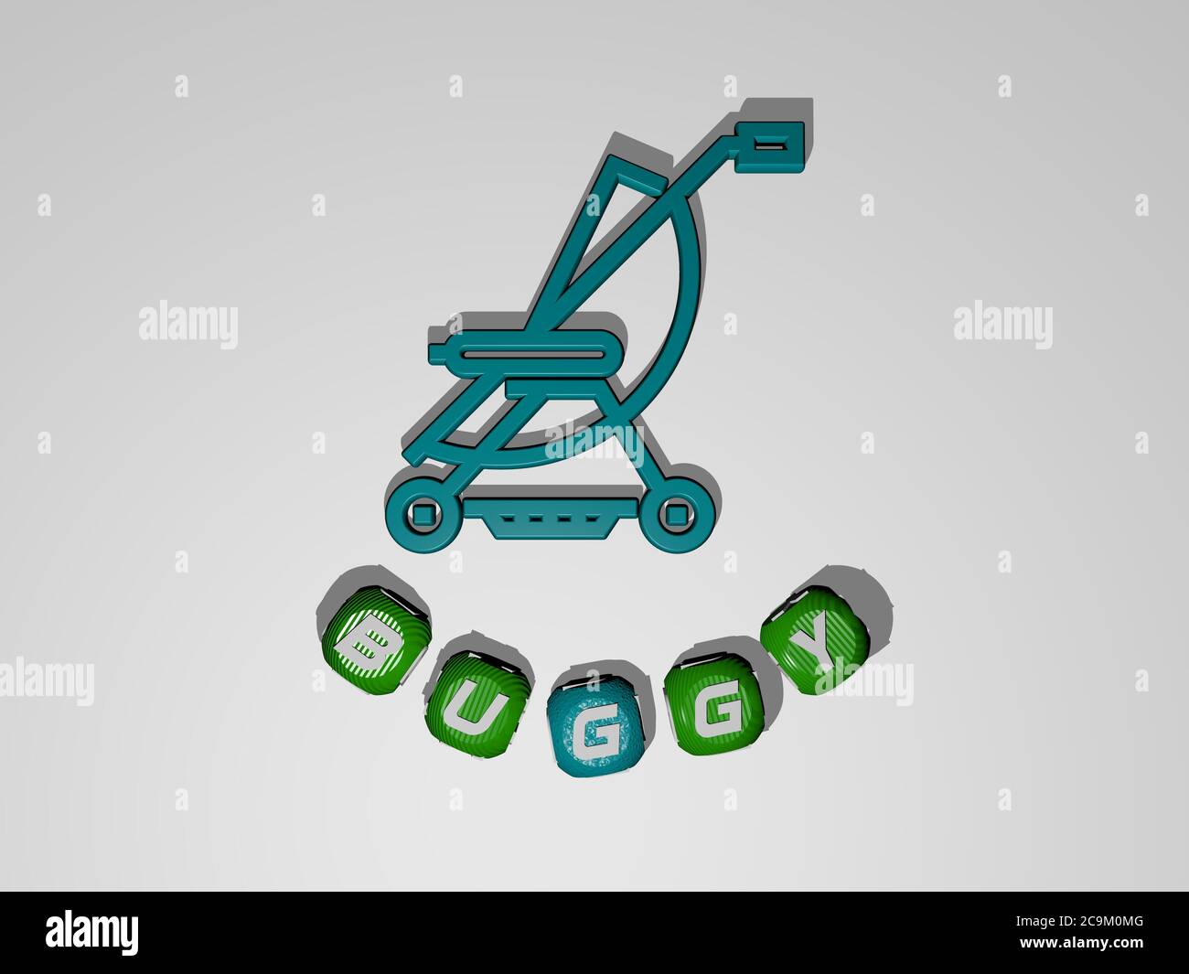 3D representation of buggy with icon on the wall and text arranged by ...