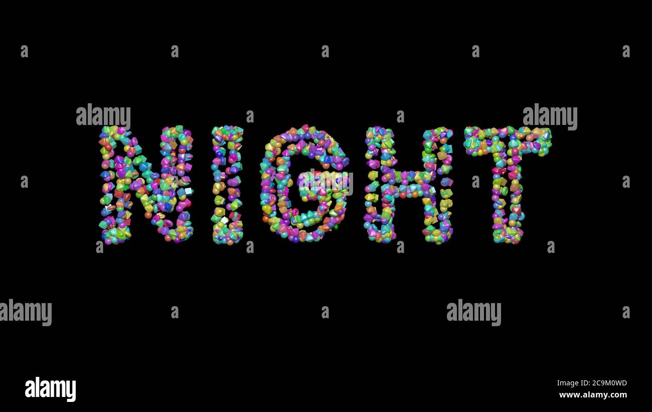 Colorful 3D writing of night text with small objects over a dark ...