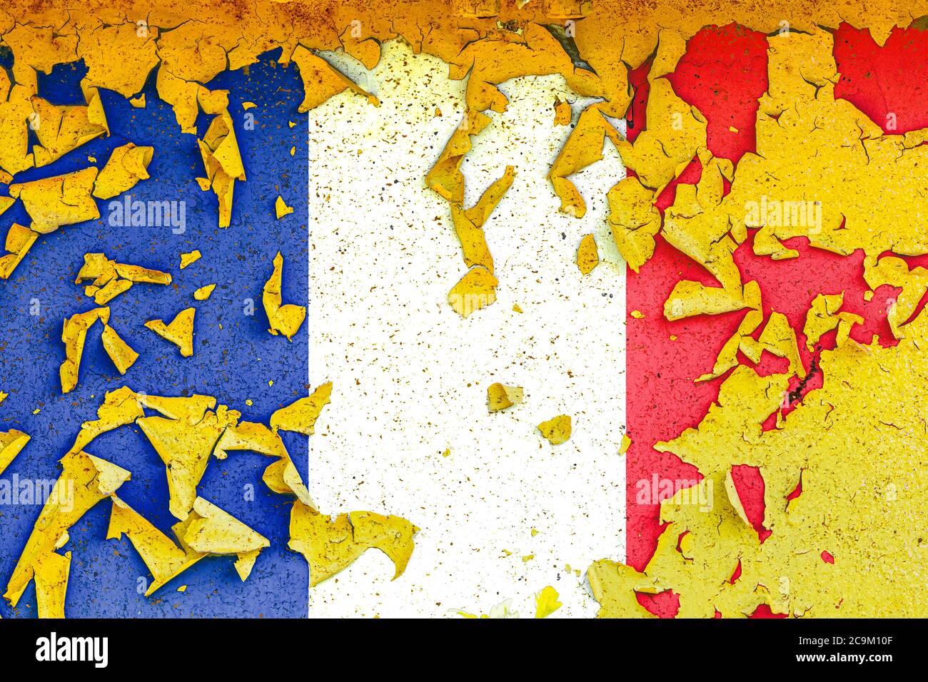 The national flag of France is painted on an old metal wall with ragged ...