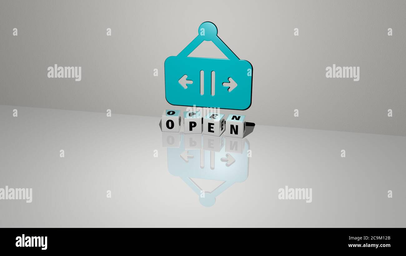 3D representation of OPEN with icon on the wall and text arranged by ...