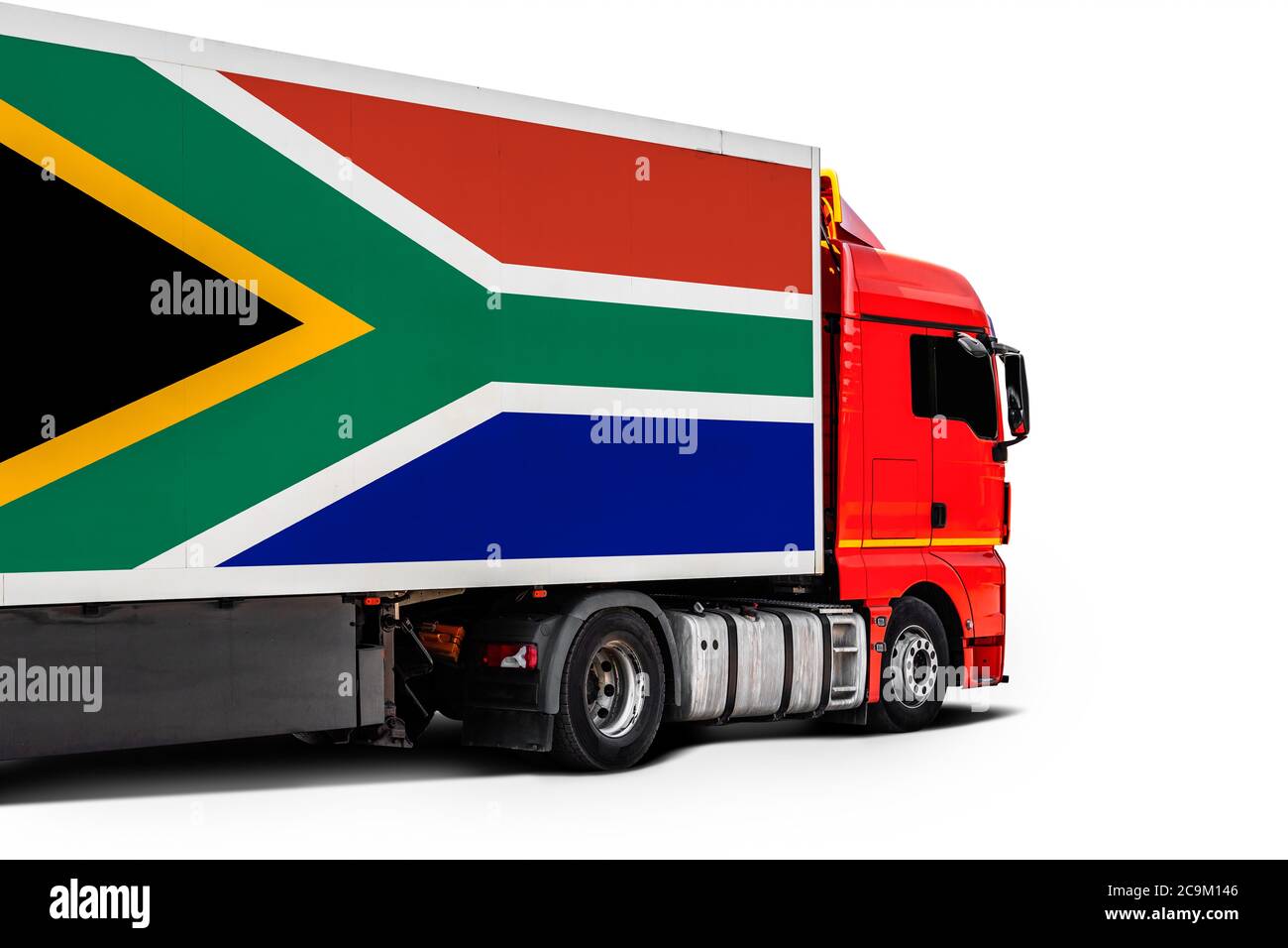 Big truck with the national flag of South African Republic on white ...
