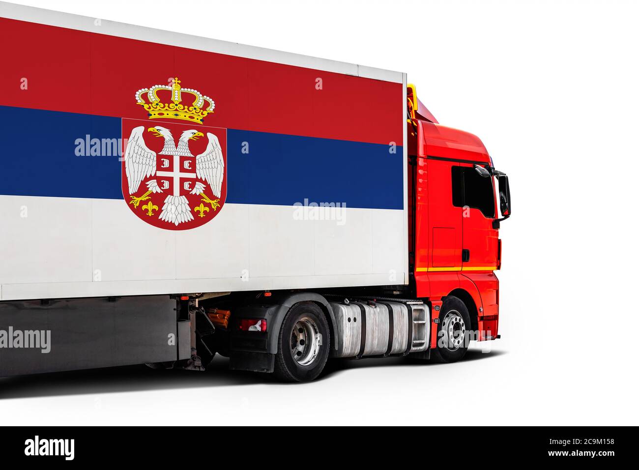 Big truck with the national flag of Serbia on white isolated background ...