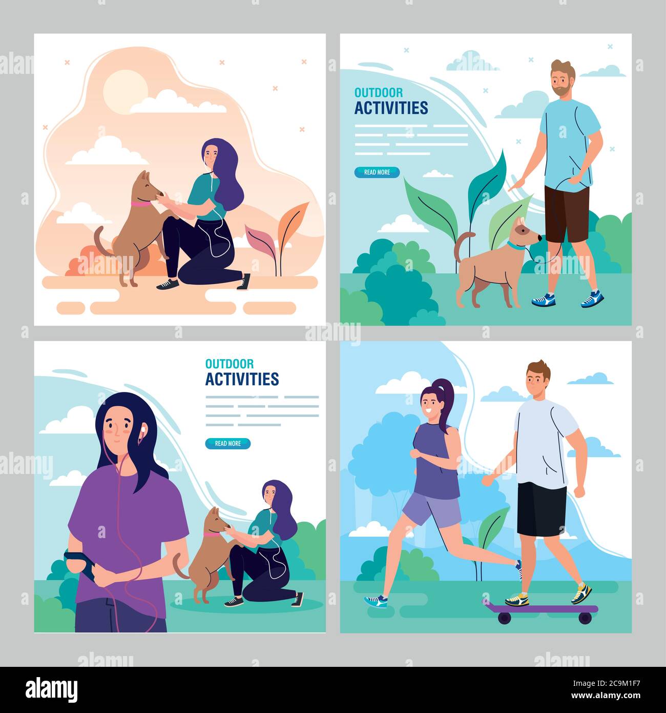 set of banners, young people performing leisure outdoor activities ...