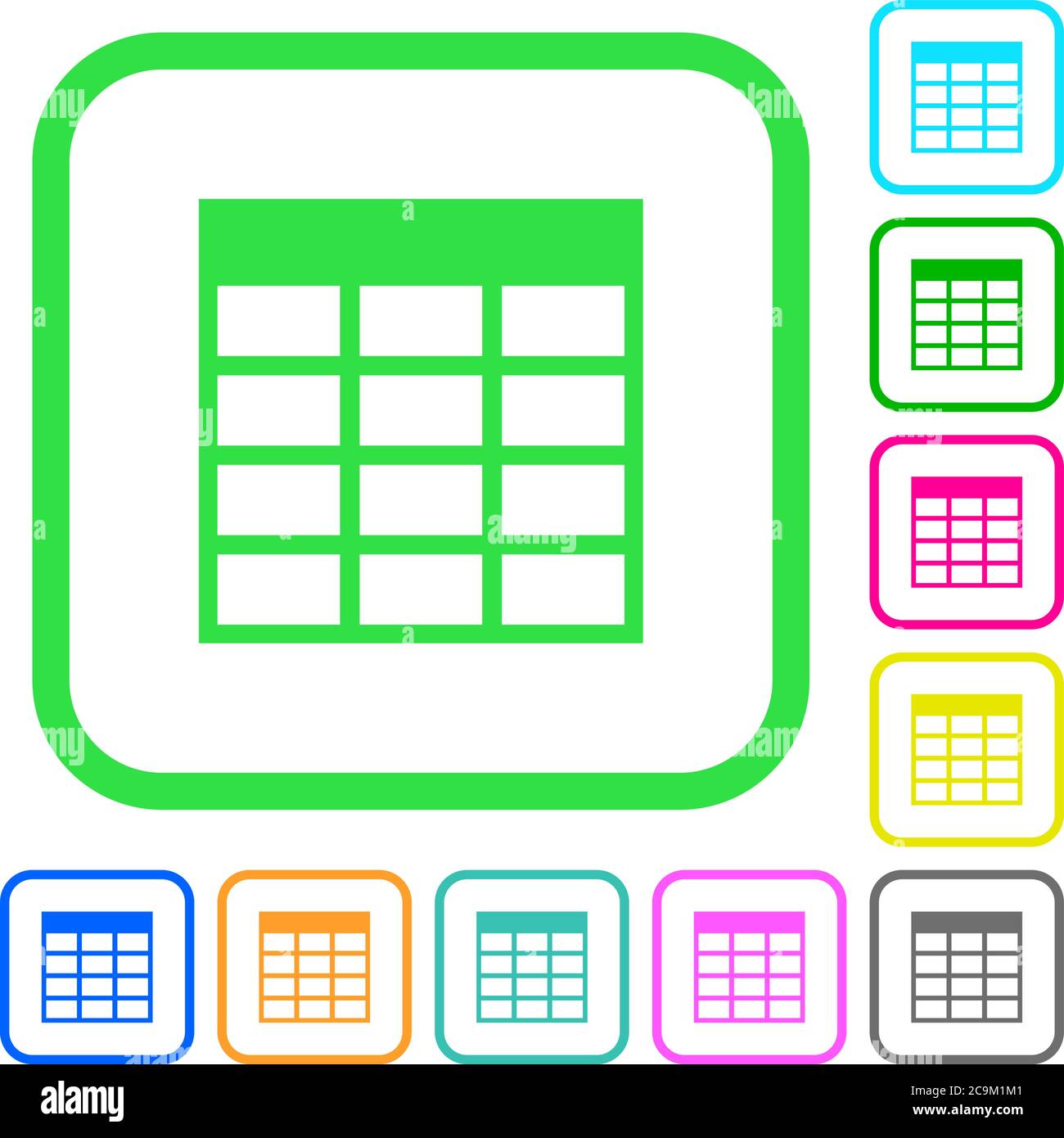 Spreadsheet table vivid colored flat icons in curved borders on white ...