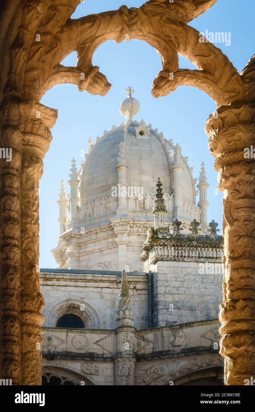 LISBON, PORTUGAL - FEBRUARY 3, 2019: Dome and bell tower of Santa Maria ...