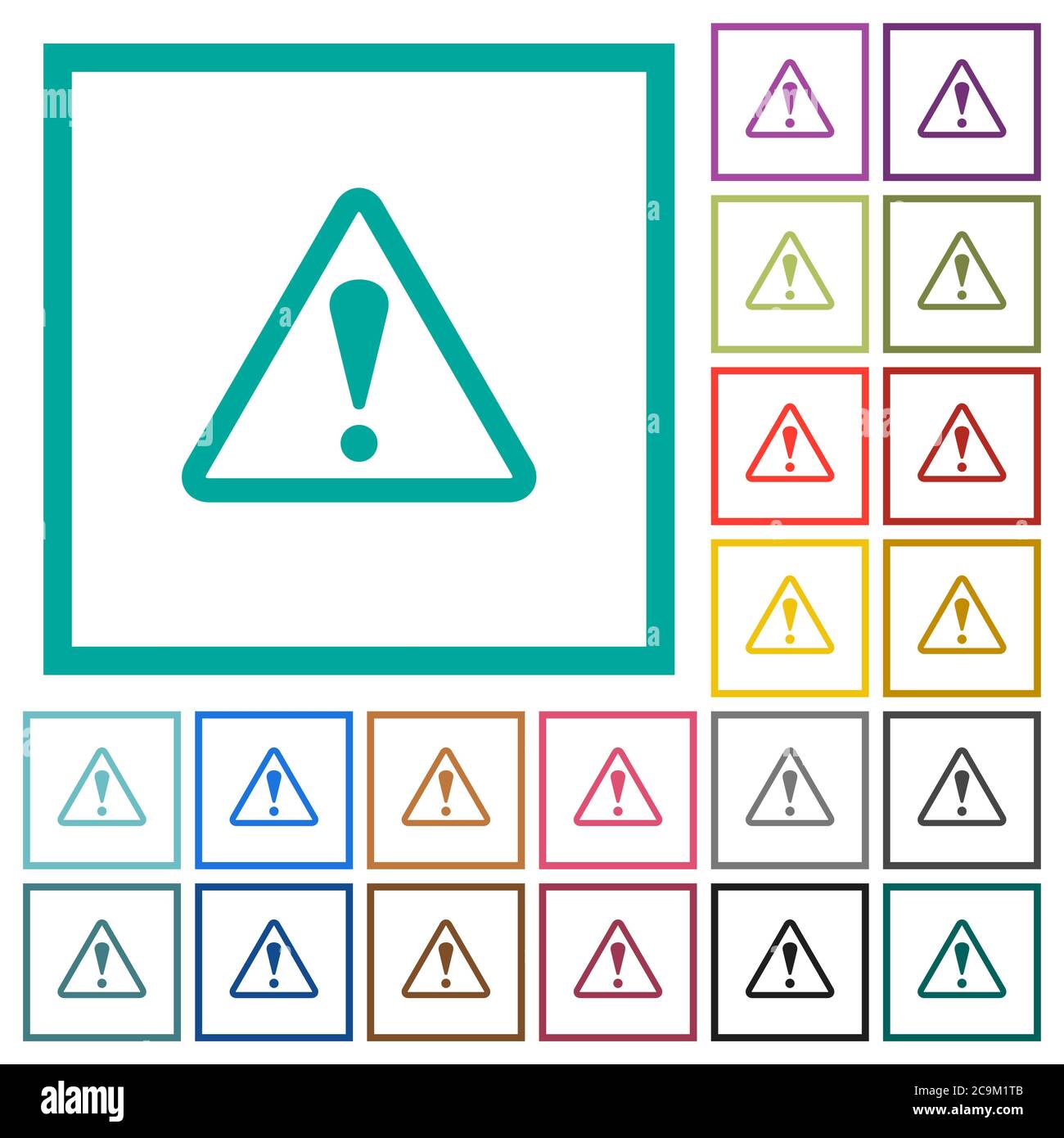 Triangle shaped warning sign flat color icons with quadrant frames on ...