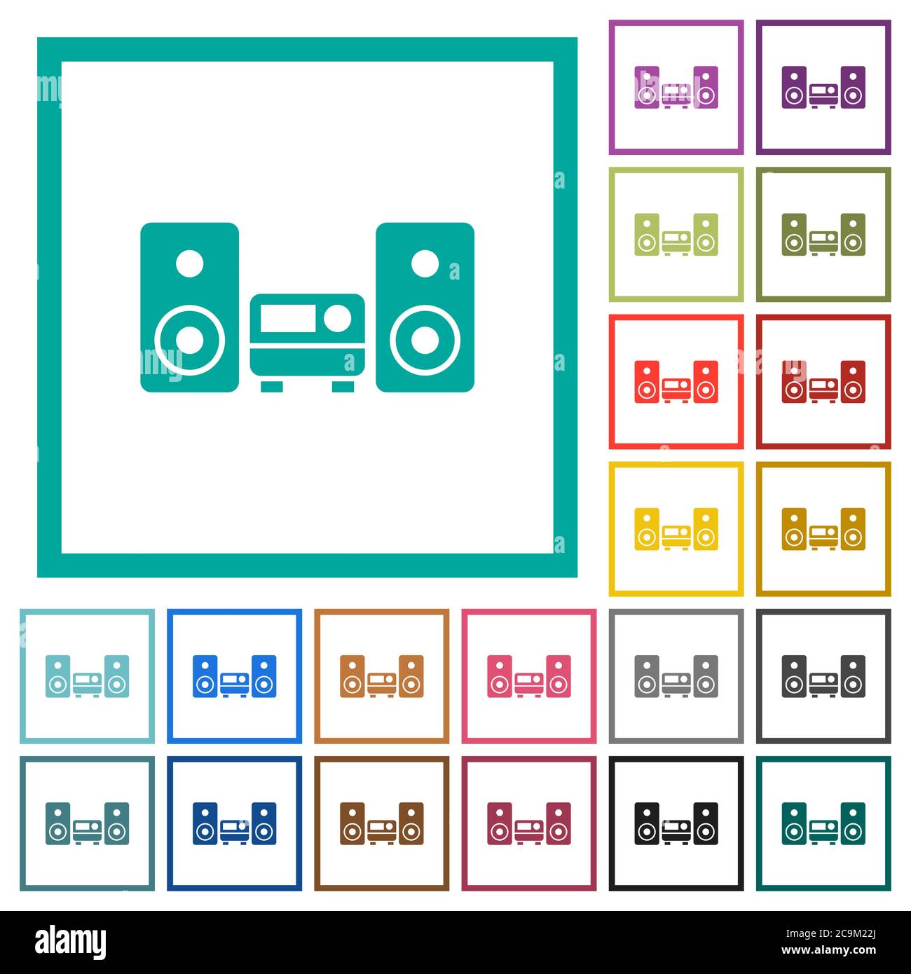 Stereo system flat color icons with quadrant frames on white background ...