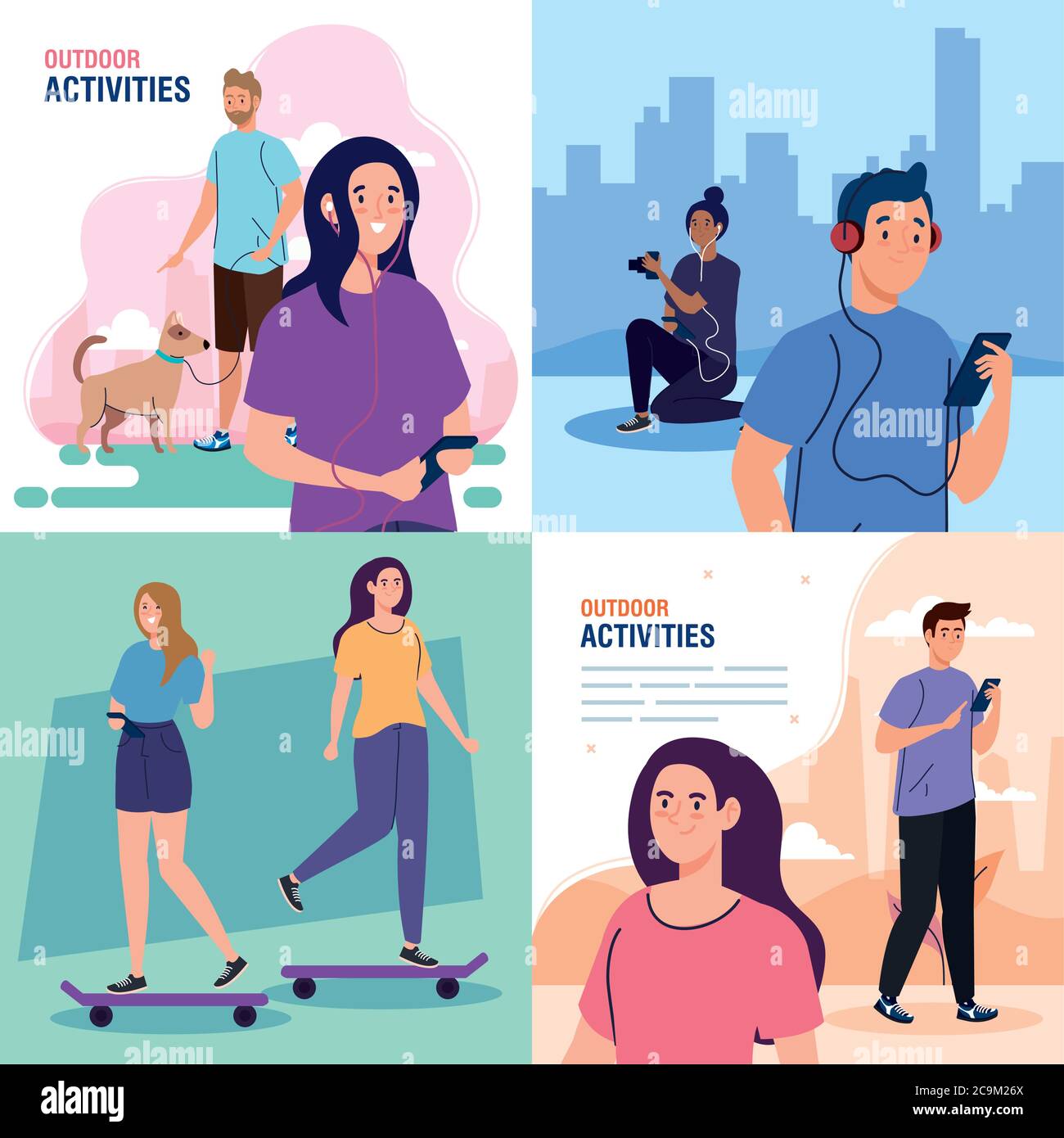 set of banners, young people performing leisure outdoor activities ...