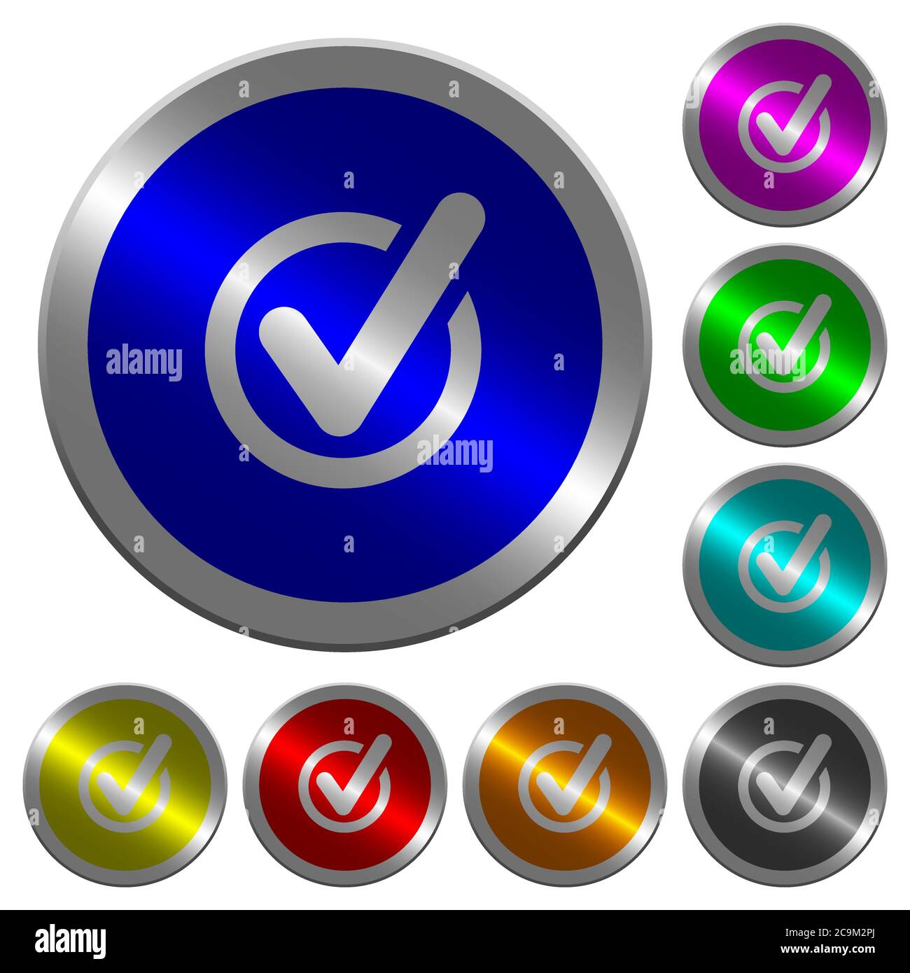 Checked data icons on round luminous coin-like color steel buttons ...