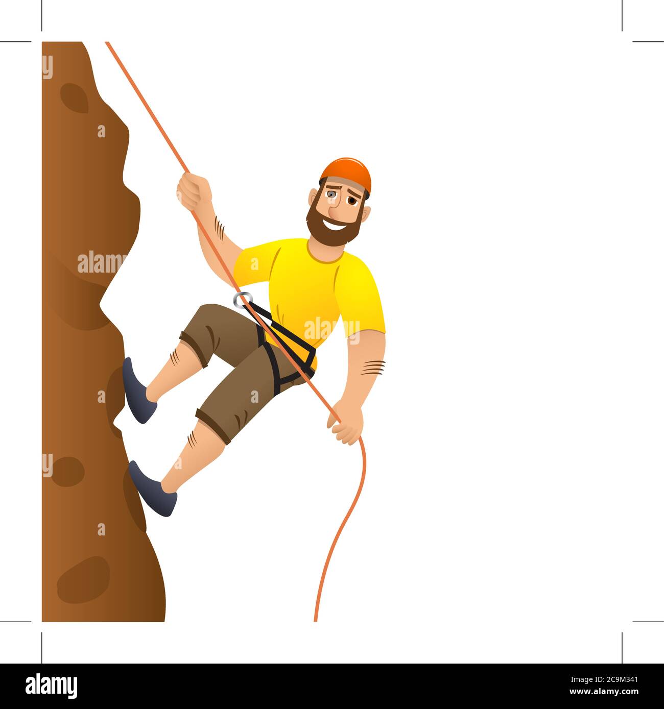 Rock climber. Man commits to rise the steep slope. Cartoon character ...