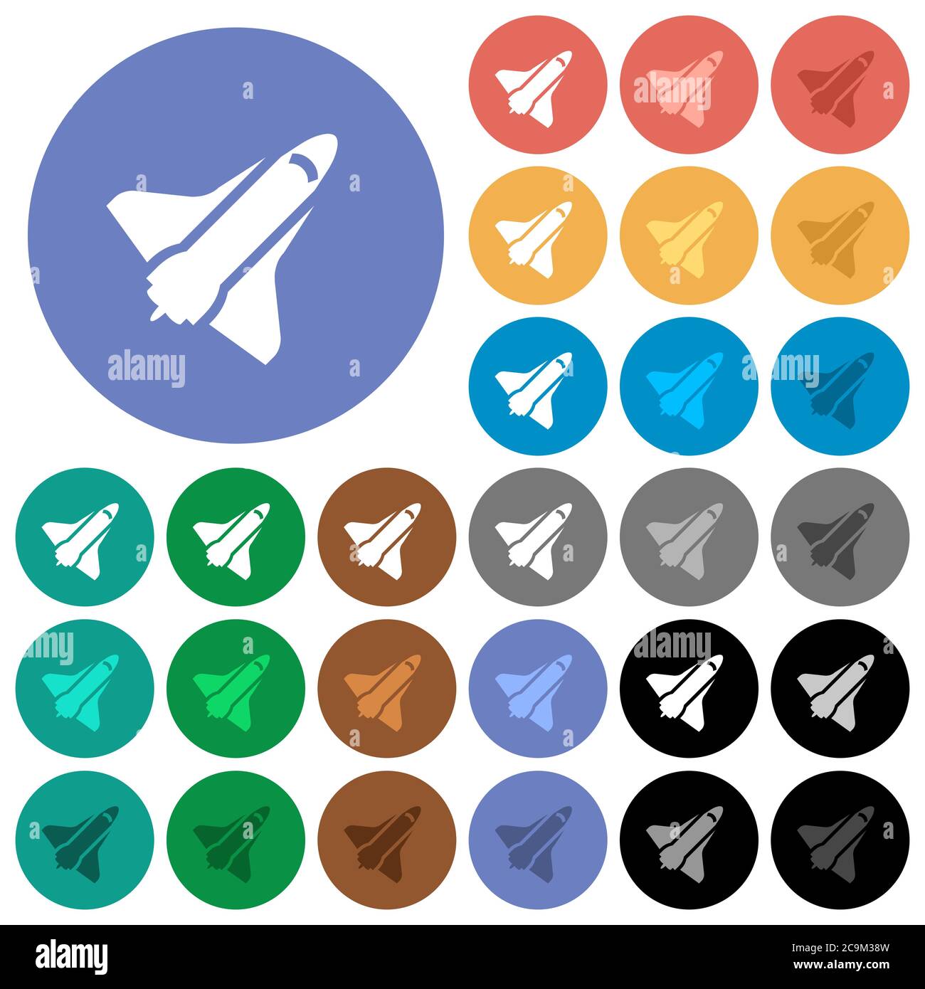 Space shuttle multi colored flat icons on round backgrounds. Included white, light and dark icon ...