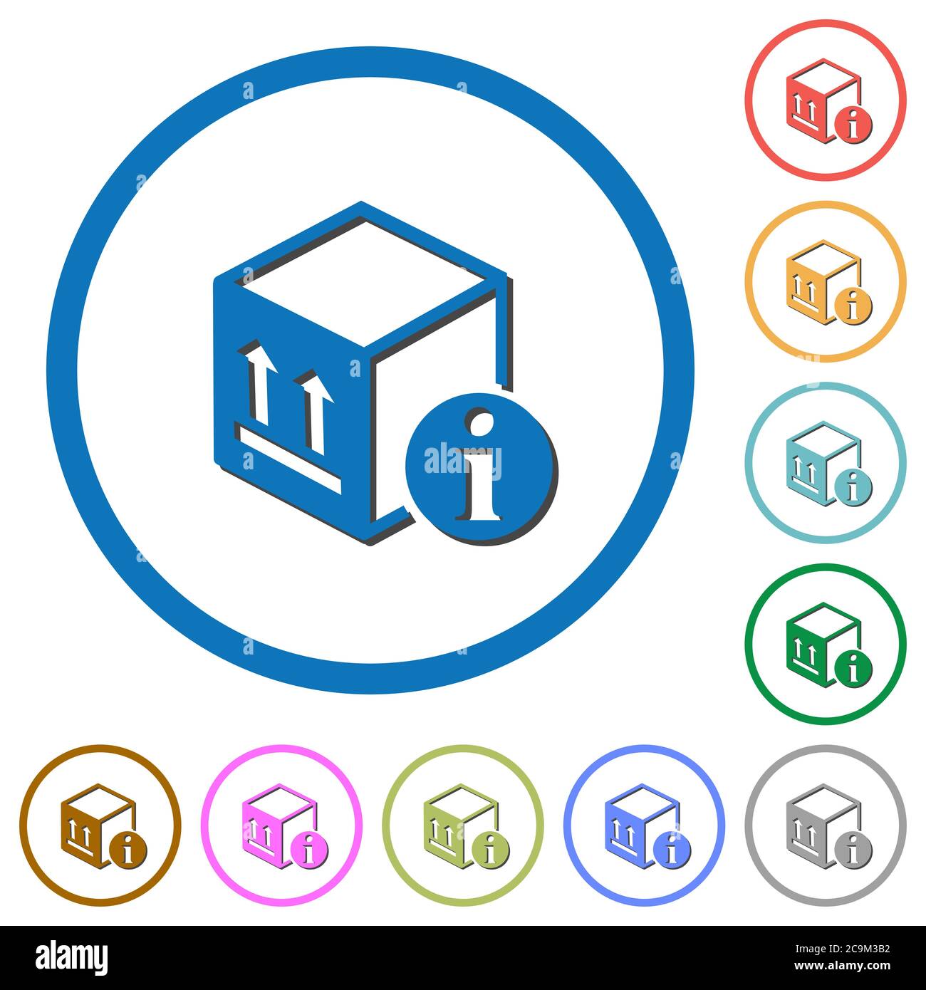 Package information flat color vector icons with shadows in round ...