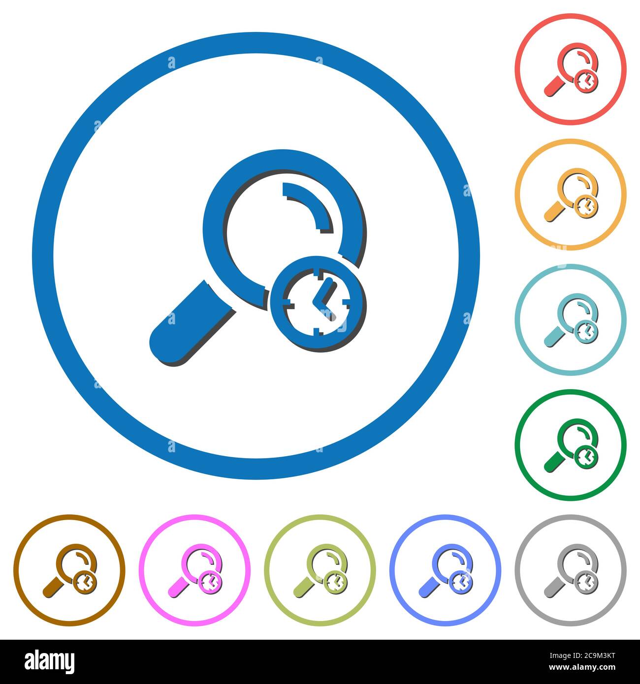 Query time flat color vector icons with shadows in round outlines on ...