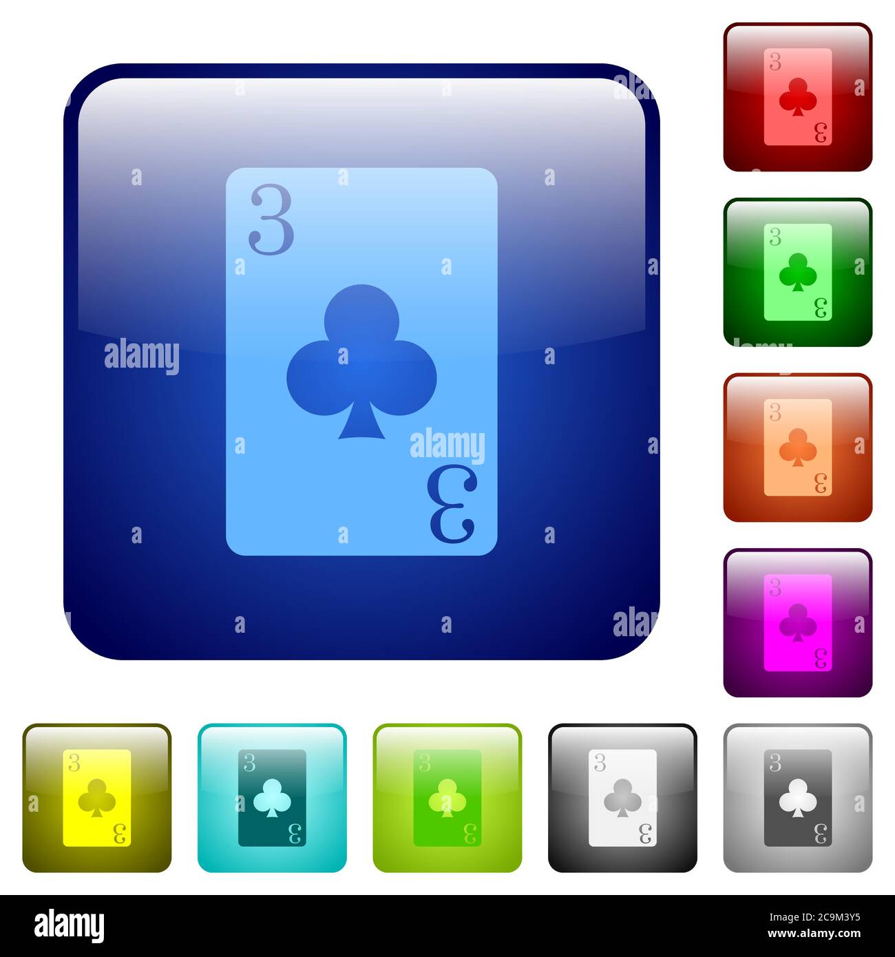 Three of clubs card icons in rounded square color glossy button set ...