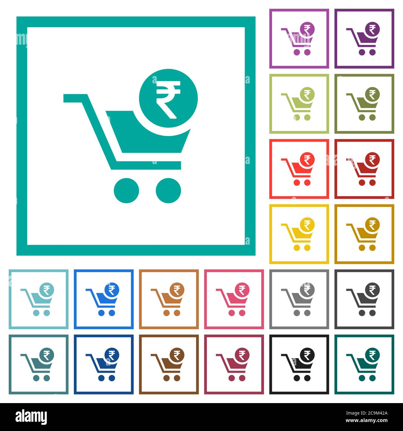 Checkout with Rupee cart flat color icons with quadrant frames on white ...