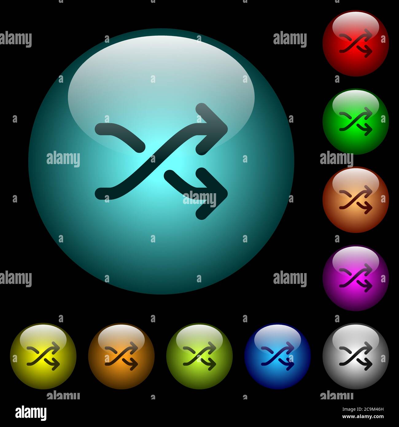 Media shuffle icons in color illuminated spherical glass buttons on ...