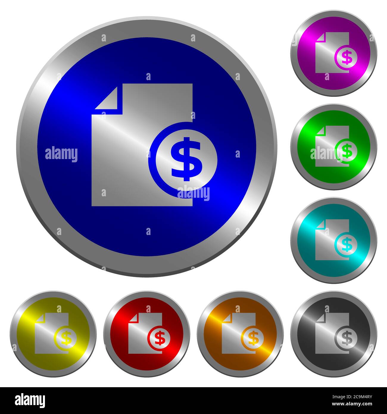 Dollar financial report icons on round luminous coin-like color steel ...