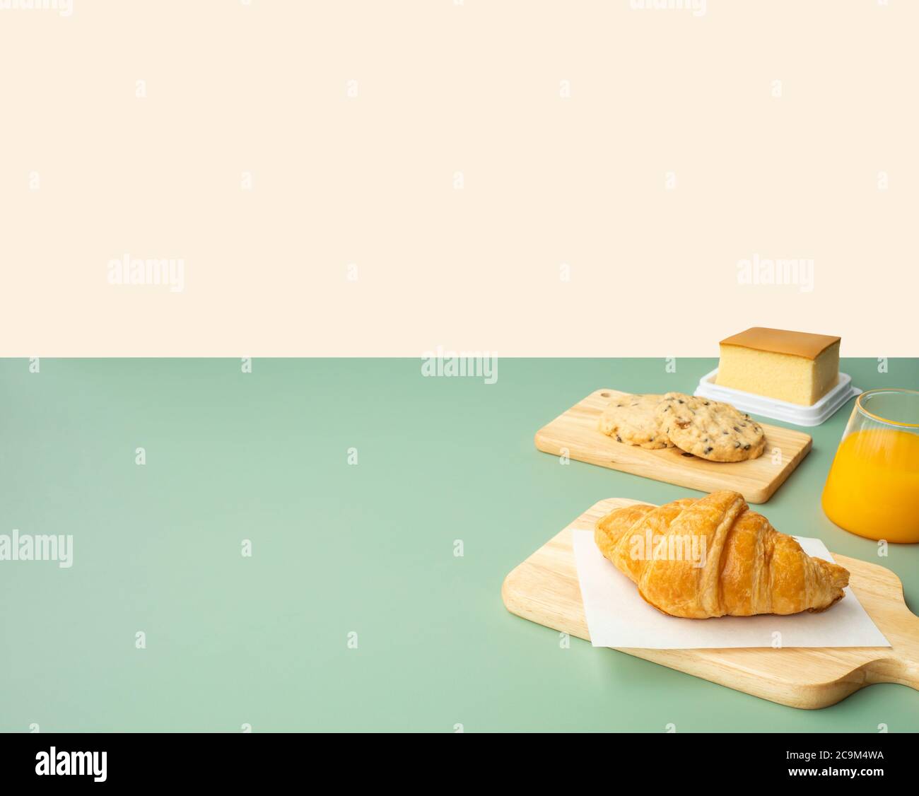 Set of breakfast food or bakery,cake on table pastel color background ...