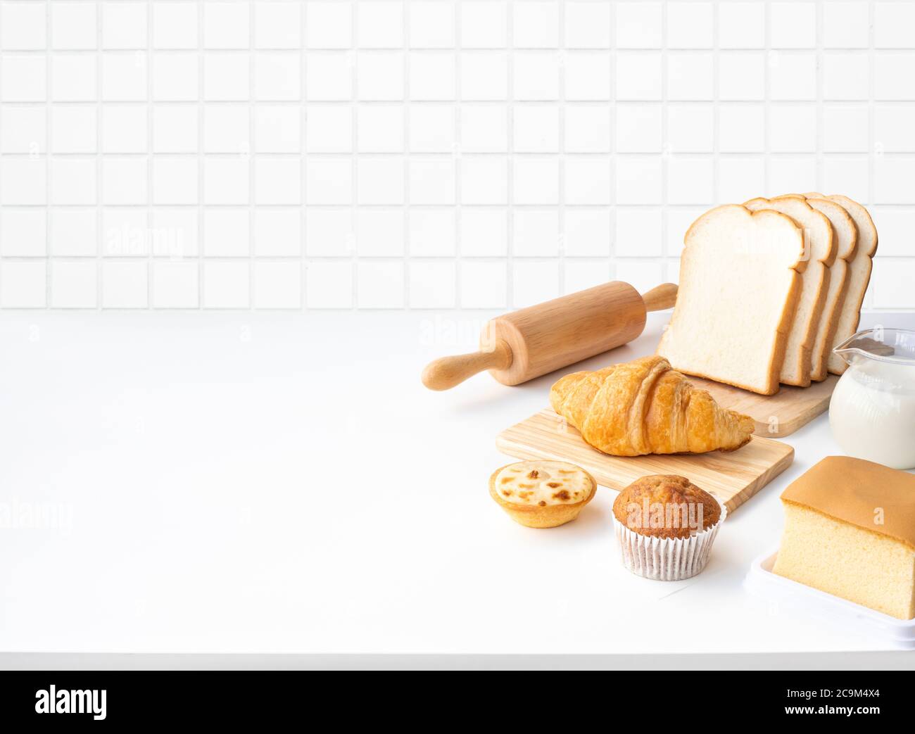 Set of breakfast food or bakery,cake on white table kitchen background ...