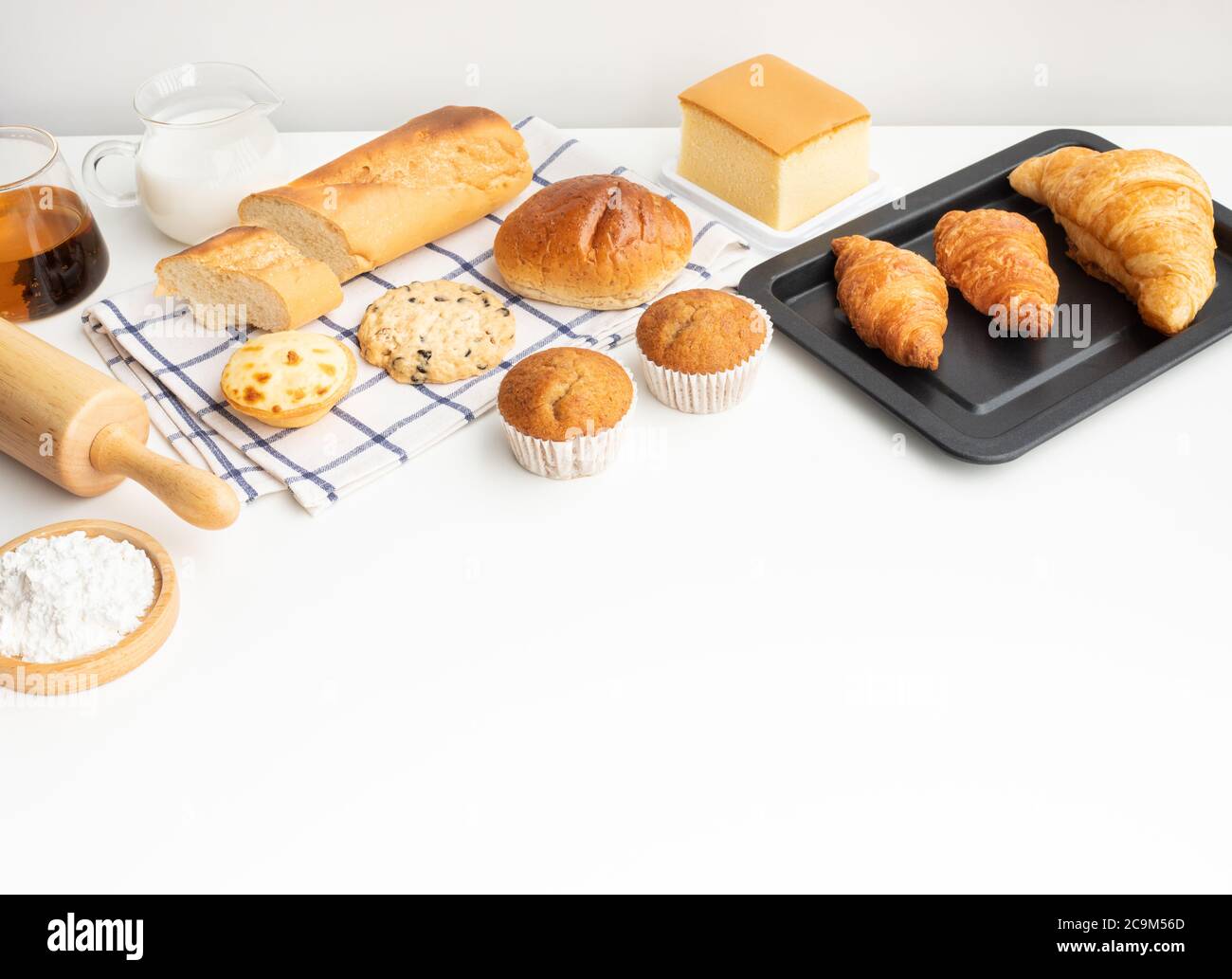 Set of breakfast food or bakery,cake on table kitchen background ...